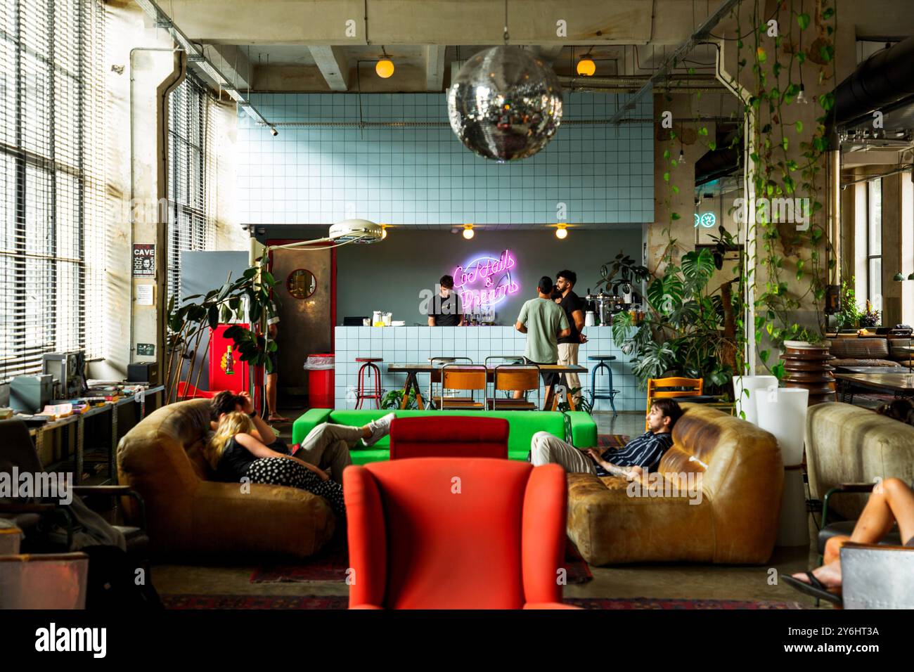 Tbilisi, Georgia - 10 AUG, 2024: Interior of the Fabrika Hostel, an ex ...