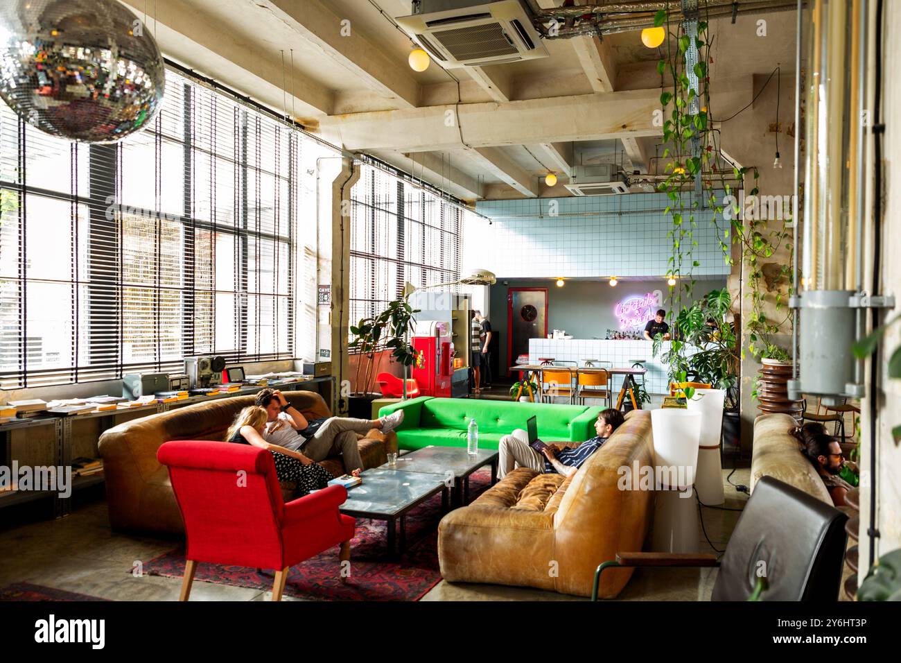 Tbilisi, Georgia - 10 AUG, 2024: Interior of the Fabrika Hostel, an ex ...