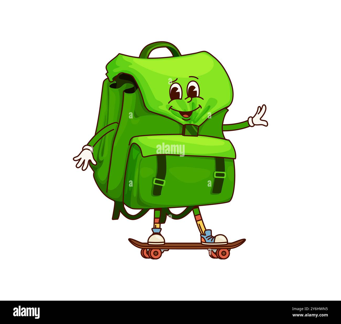 School education backpack groovy character riding skateboard. Isolated ...