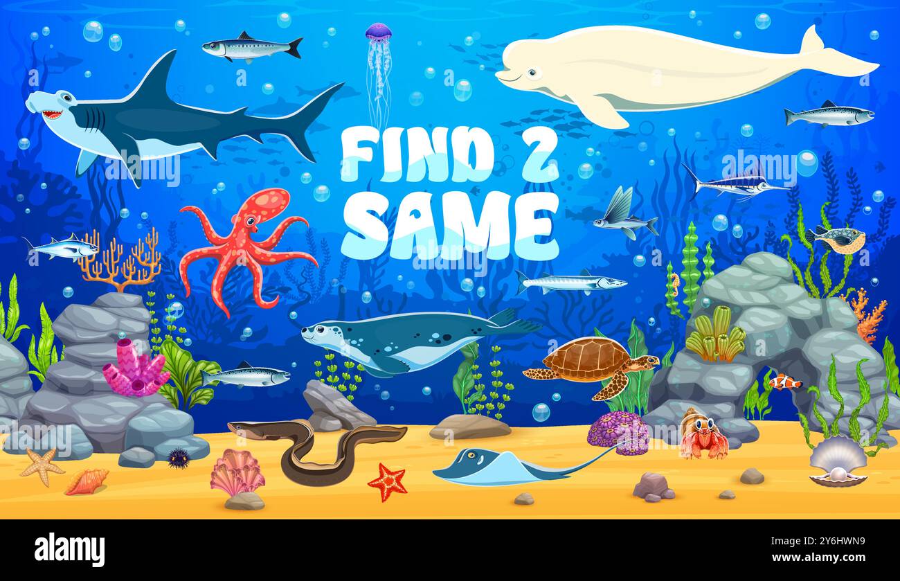 Kids game worksheet, find two same sea underwater animals like shark ...