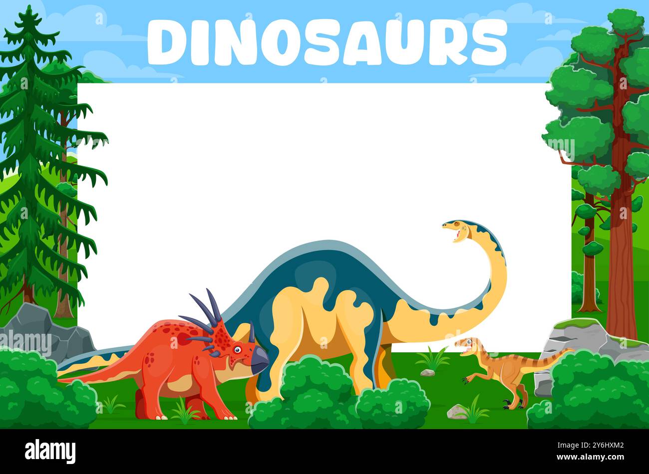 Jurassic dino park banner with prehistoric dinosaurs in green jungle ...