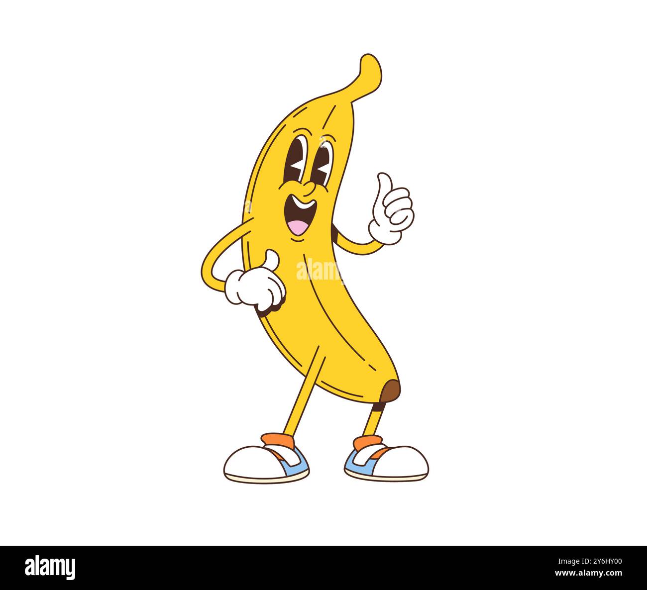 Cartoon retro groovy banana fruit character with smiling face. Fun and playful tropical fruit ...