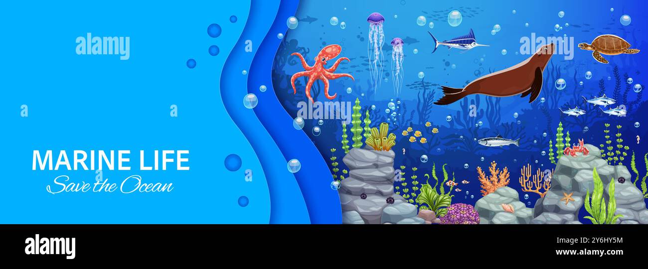 Save the ocean banner with underwater landscape and sea animals. Vector ...