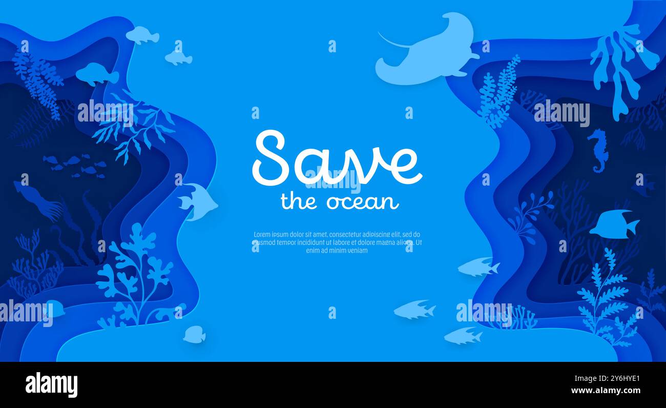 Save the ocean paper cut banner with underwater landscape silhouettes ...