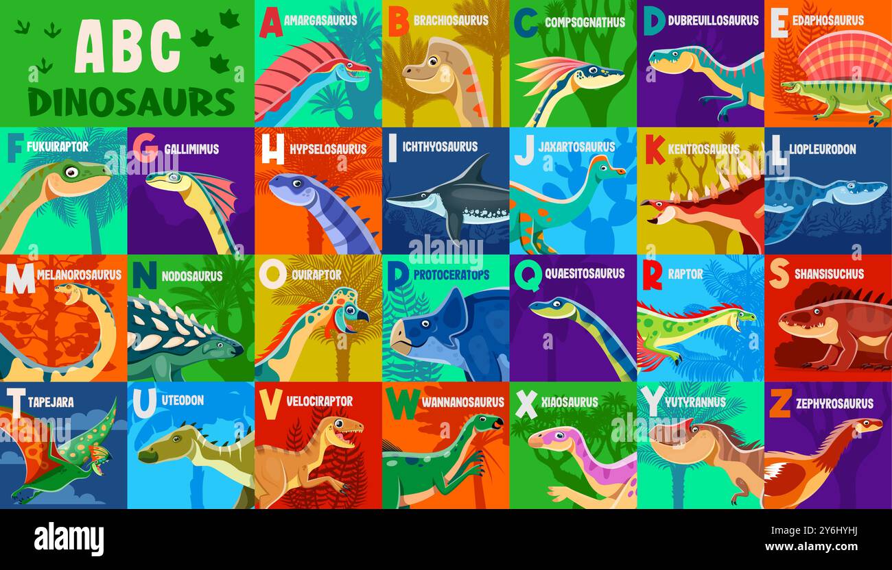 Kids prehistoric dinosaurs alphabet featuring dino species for each ...