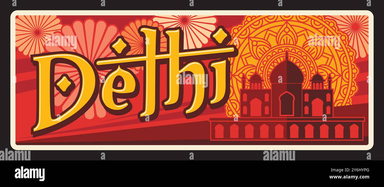 Delhi Indian state retro travel plate, vintage banner with mosque ...