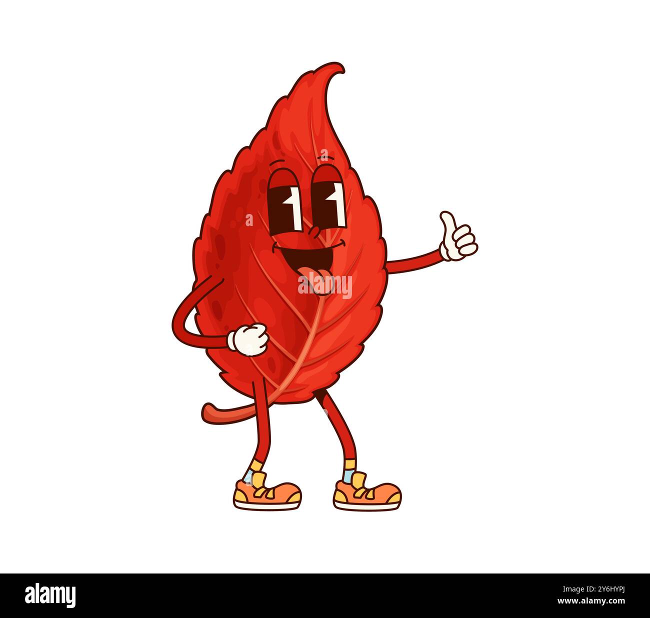 Red leaf groovy character. Cartoon vector quirky foliage personage with ...