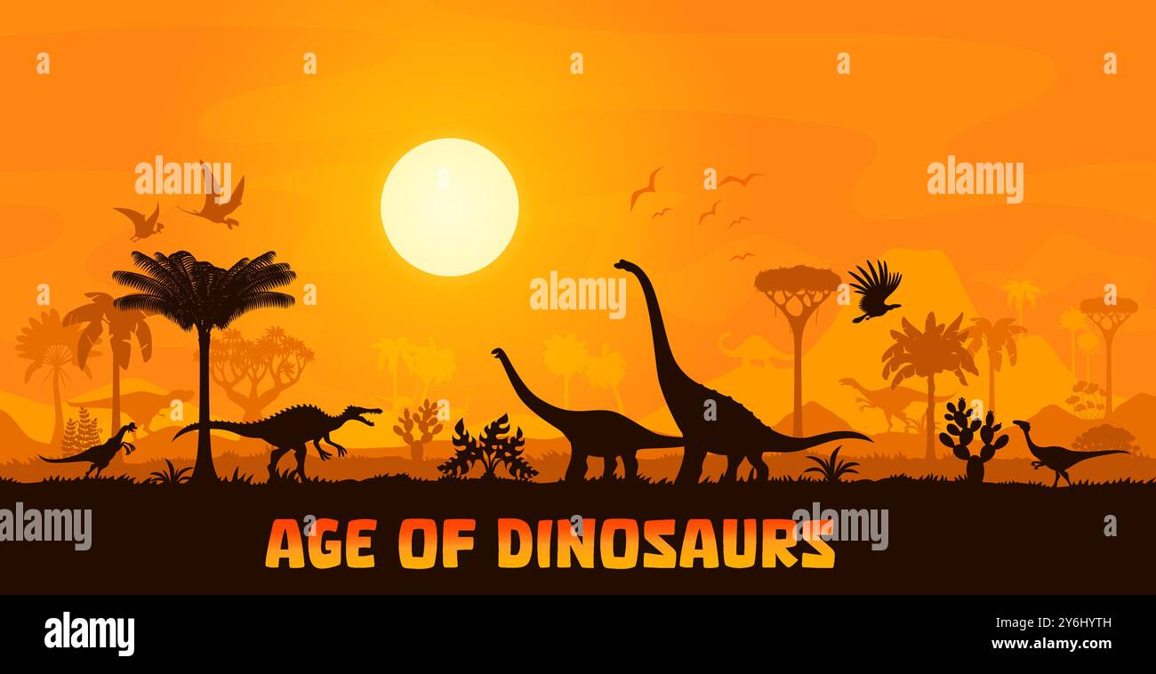 Dinosaurs silhouettes in sunset landscape of Jurassic forest, vector ...