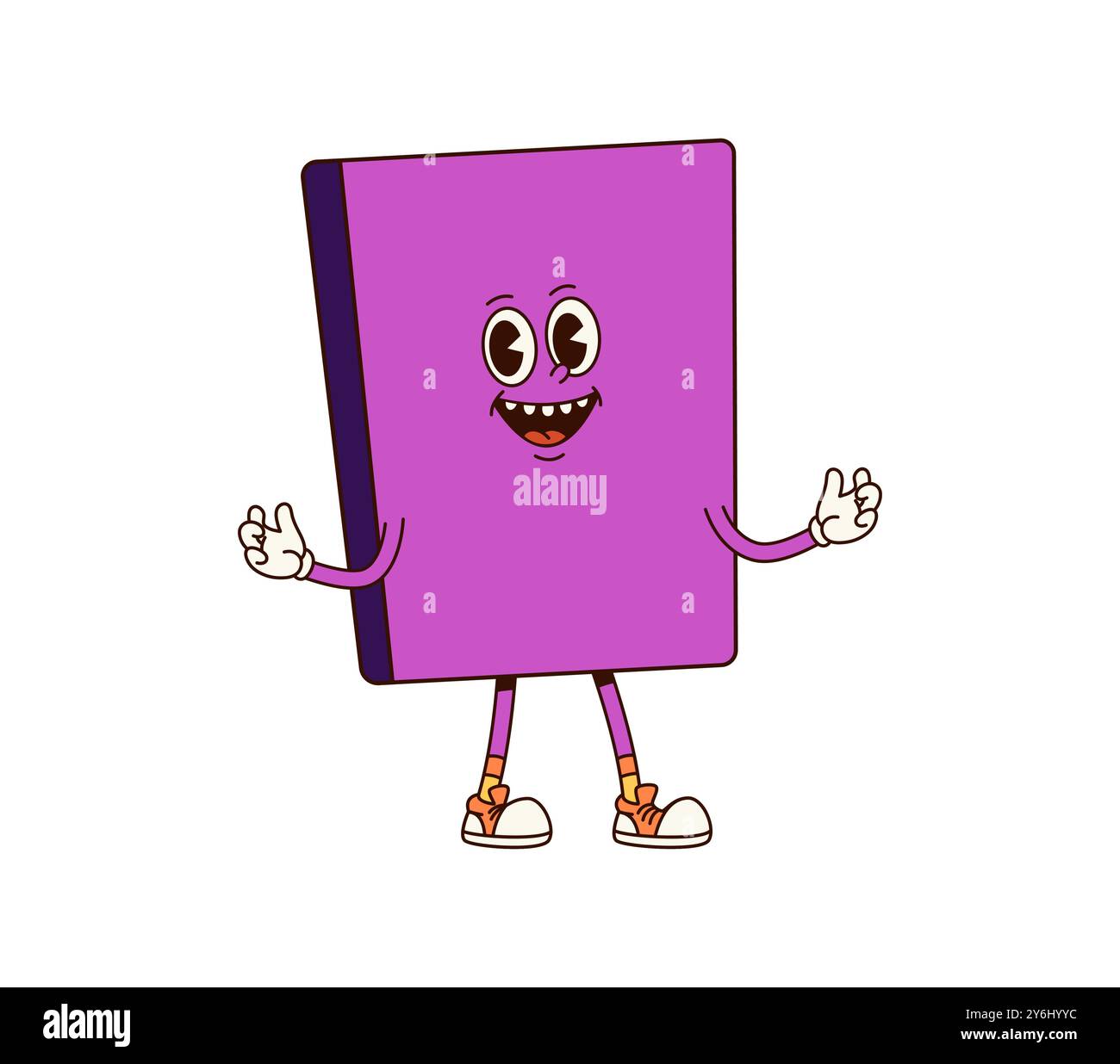 Cartoon book groovy character with purple cover and retro sneakers ...