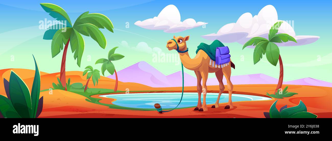 Arabian desert landscape with camel background. Sahara with sand, palm ...