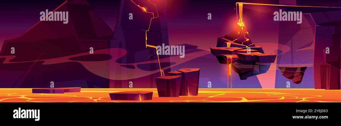 Hell landscape with lava for fantasy game vector illustration. Red rock ...