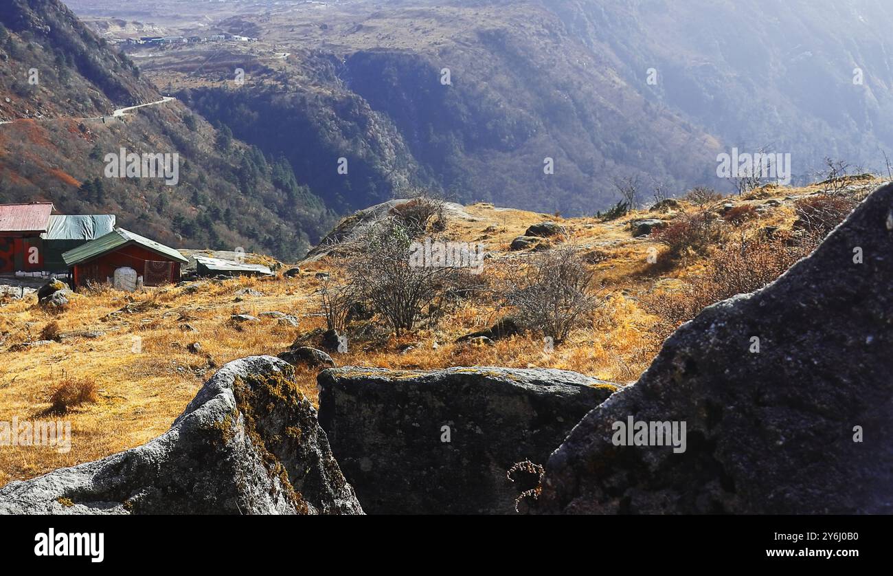 scenic landscape and beautiful mountain village, located on himalaya ...