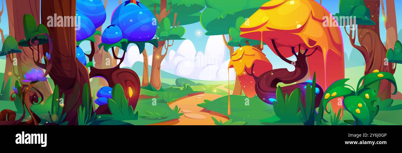 Magic forest scenery with fantasy plants. Vector cartoon illustration ...