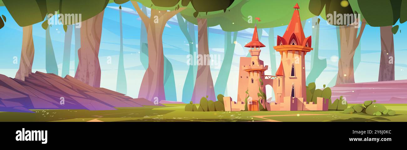 Fairytale castle in forest with giant trees. Vector cartoon ...