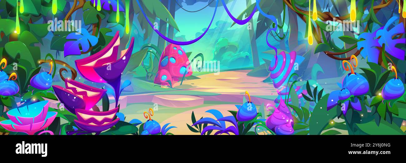 Magic forest with fantasy glowing fireflies and plants - flowers ...