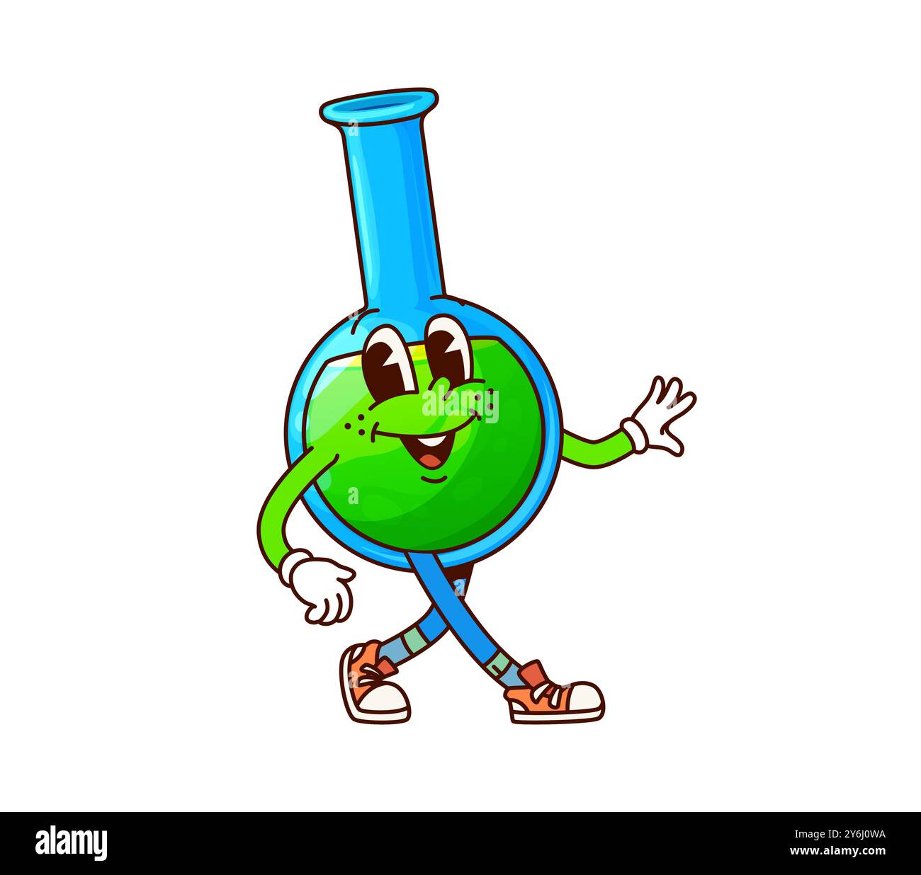 School flask groovy character. Cartoon vector laboratory beaker filled ...