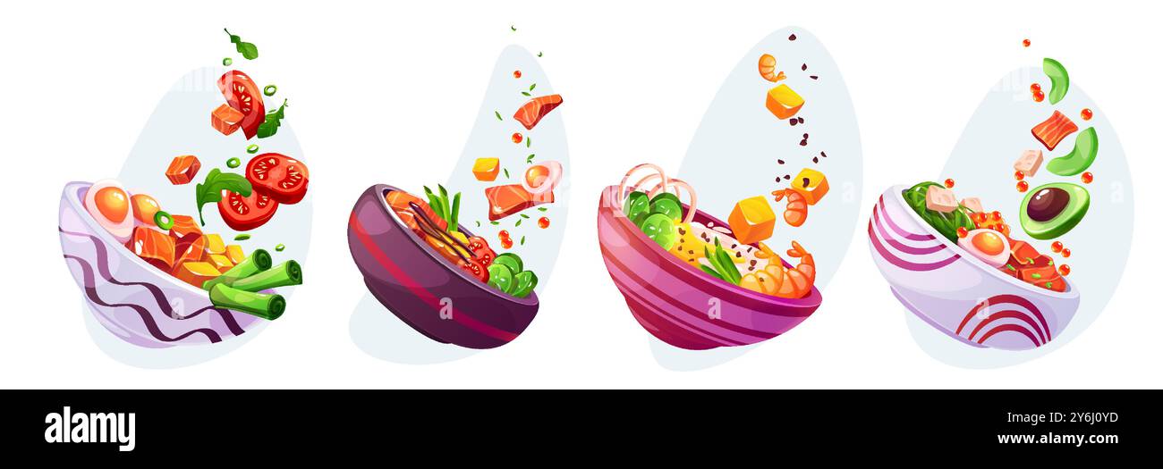 Poke bowl with flying rice and avocado, salmon fish and shrimp, onion ...