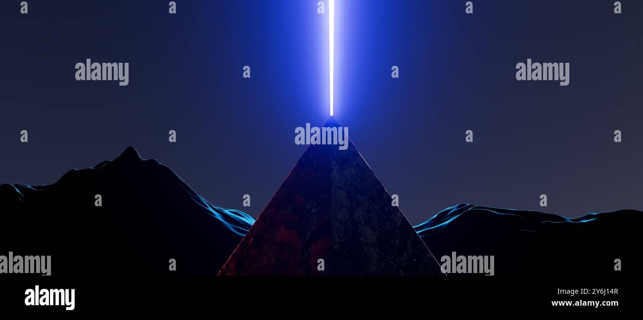 3d render illustration A pyramid is lit up in the night sky with a ...
