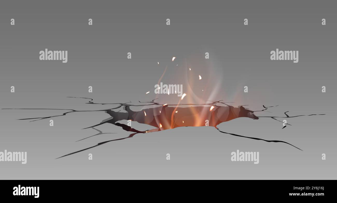 Broken ground or wall concrete surface with hole, cracks and volcanic ...