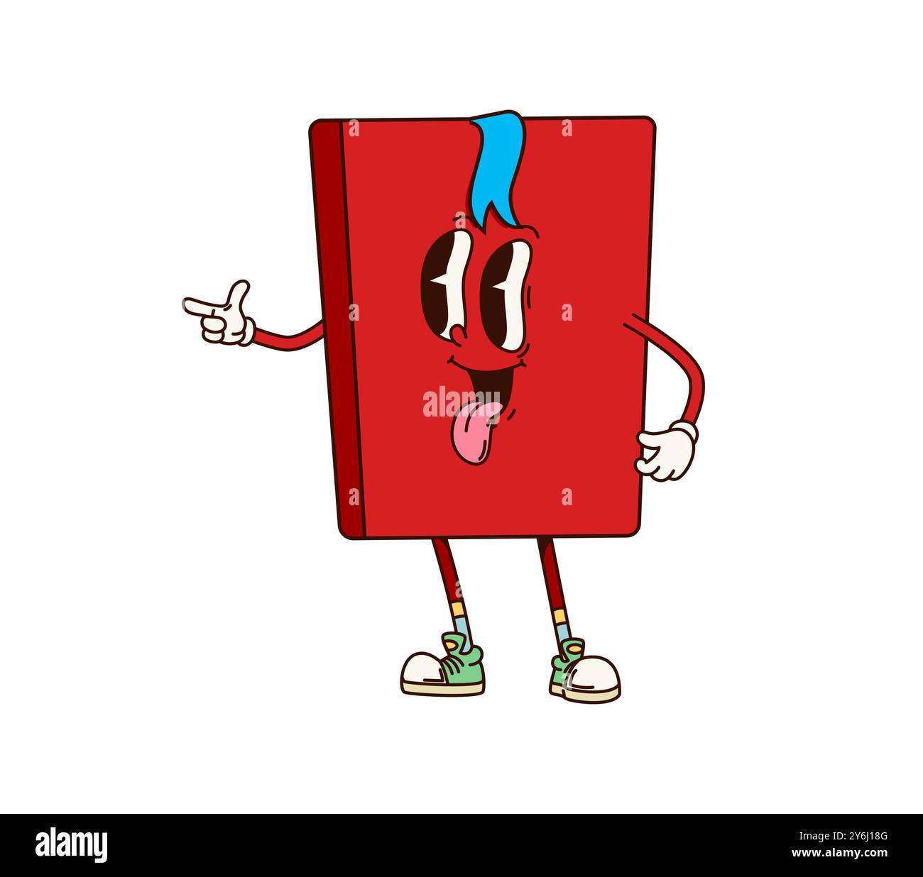 Cartoon red book groovy character in hard cover with bookmark, sneakers ...