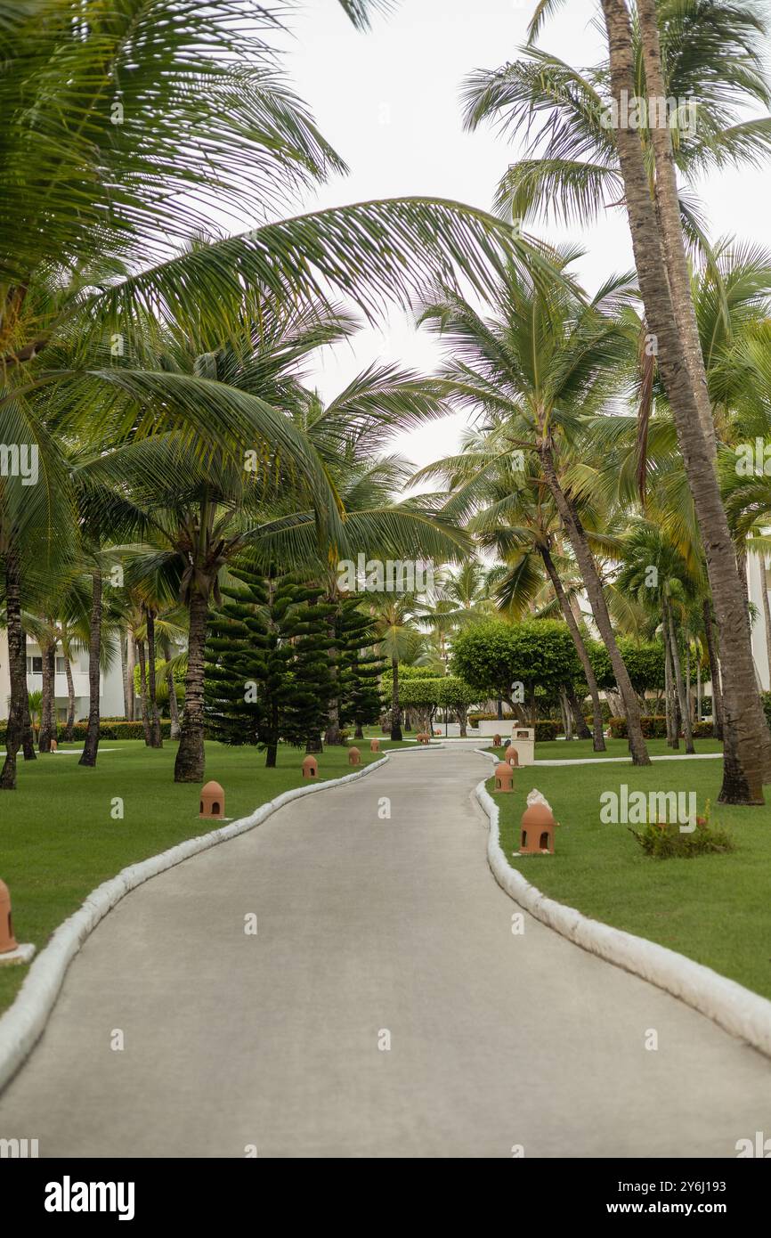Road to a hotel surrounded by nature in the daytime, panoramic scene of ...