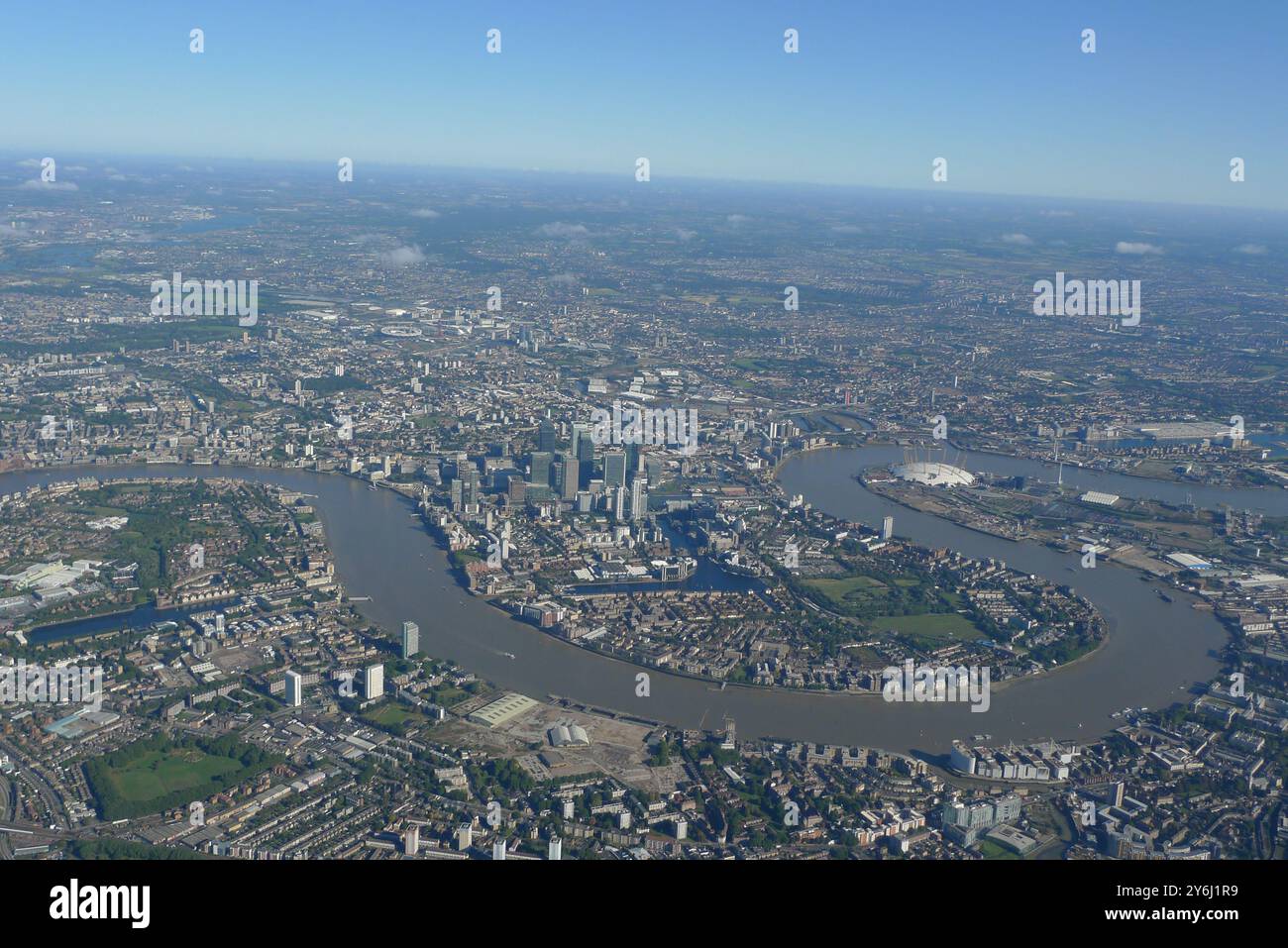 View from airplane of Canary Wharf district and O2 arena, London, UK ...