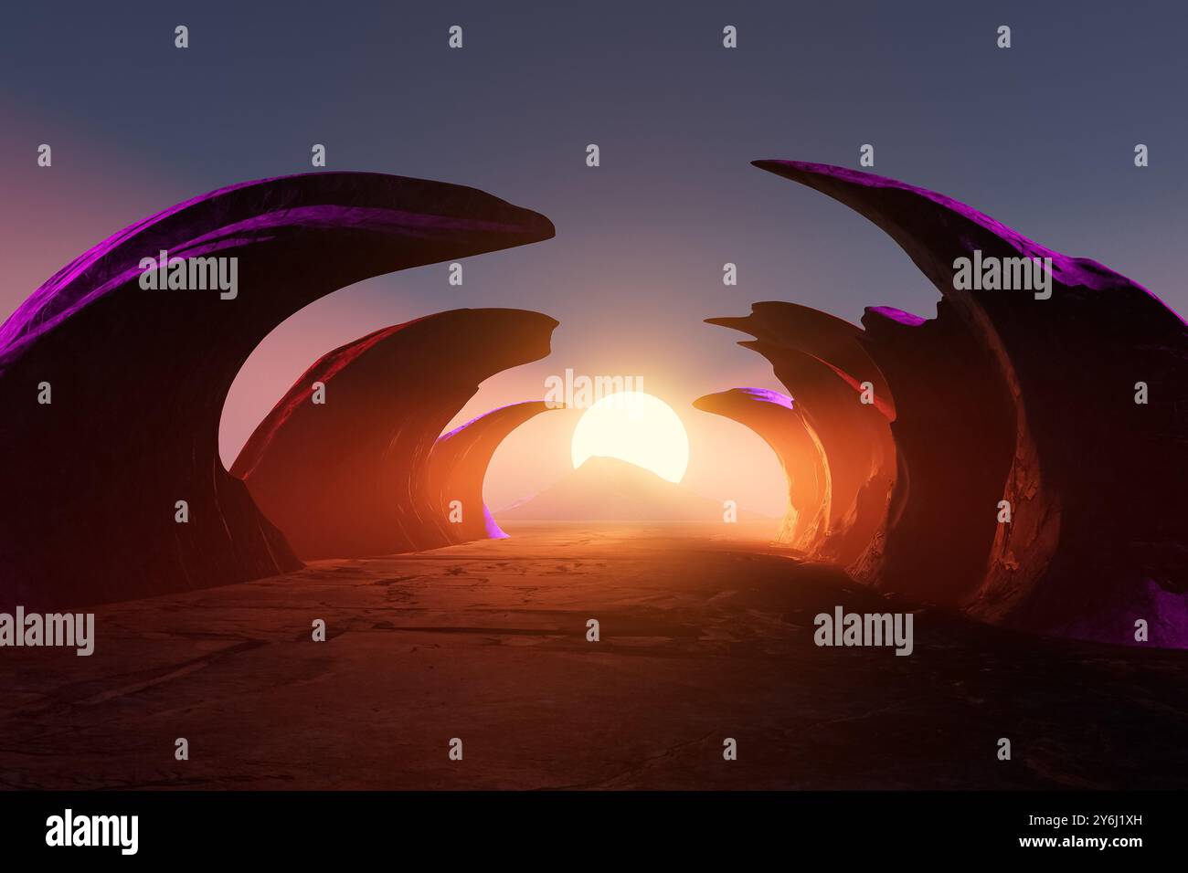 3d render illustration A large, curved rock formation with a sun in the ...