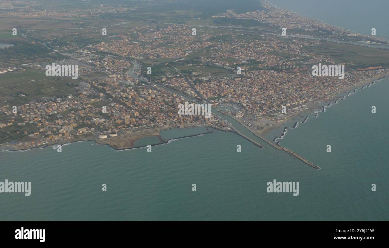 Tiber river delta and the Tyrrhenian Sea, Fiumicino, Italy. Horizontal ...