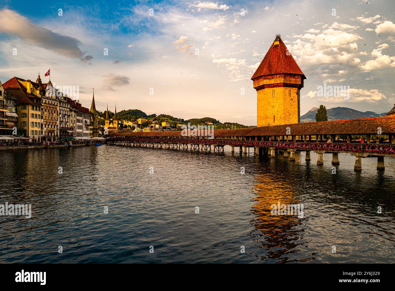 Lucern city with touristic Chapel Bridge. Lucerne city view. Canton of ...