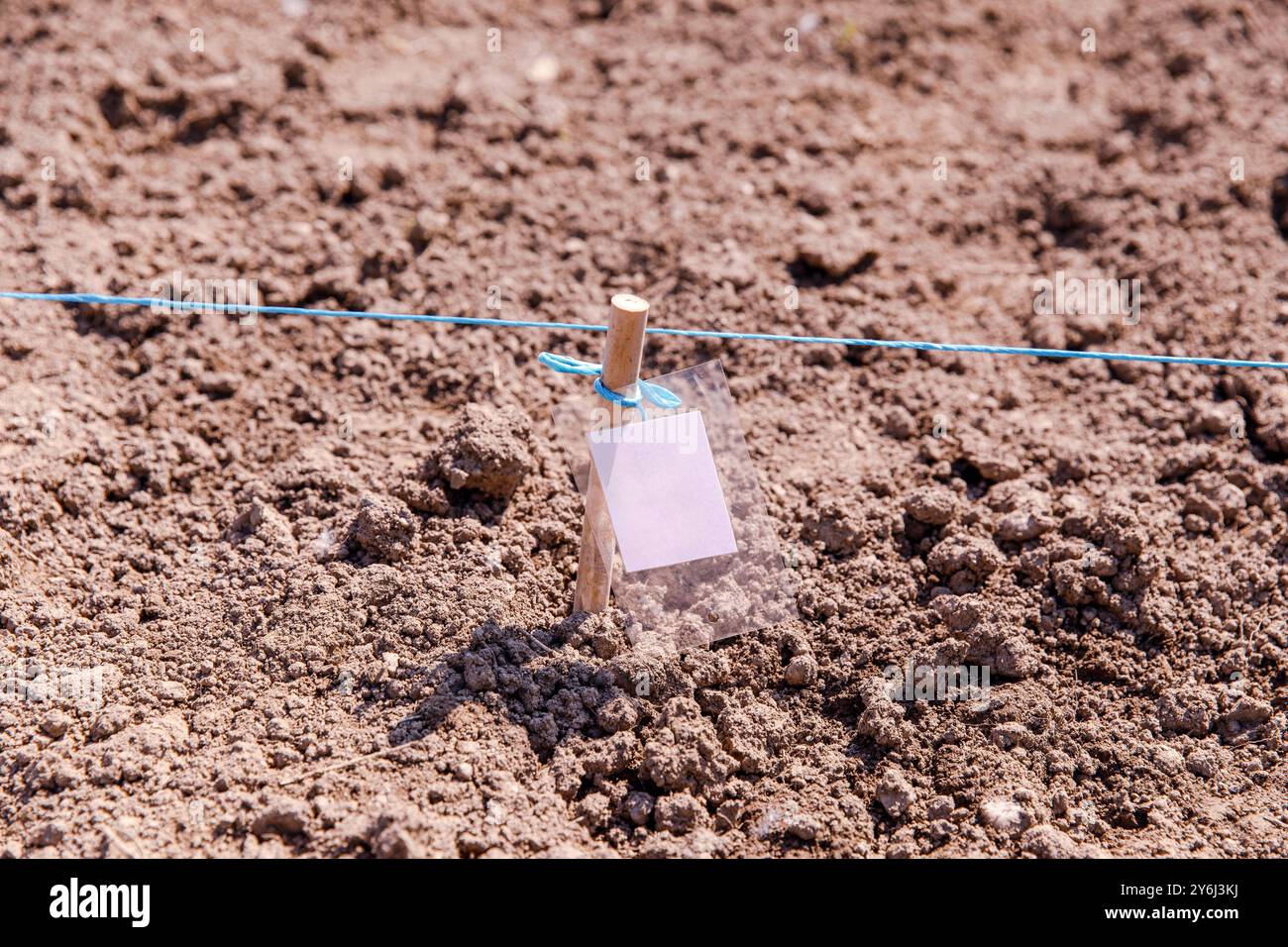 Seedbed prepared for planting with label and string line, soil is ready ...