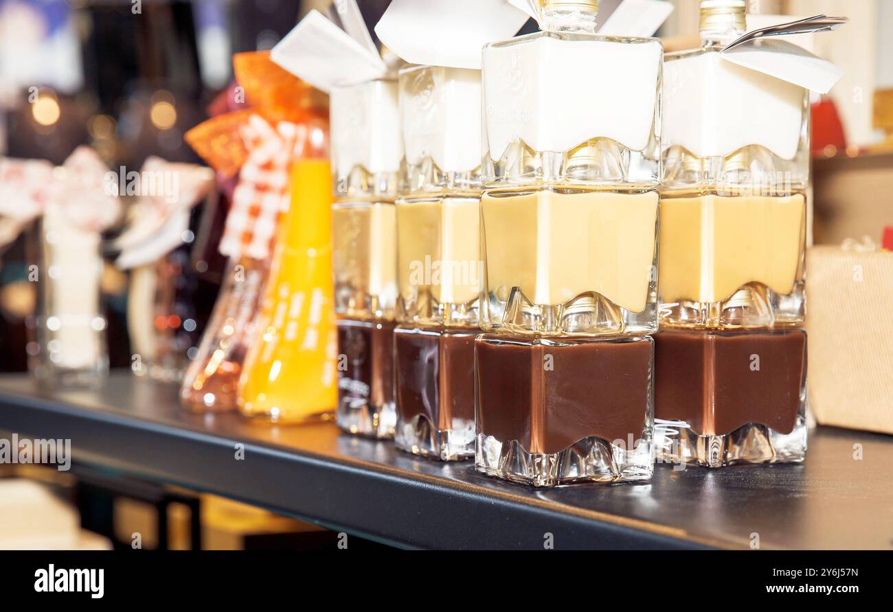Gourmet, assorted, liqueur bottles arranged, in an elegant, bar display ...