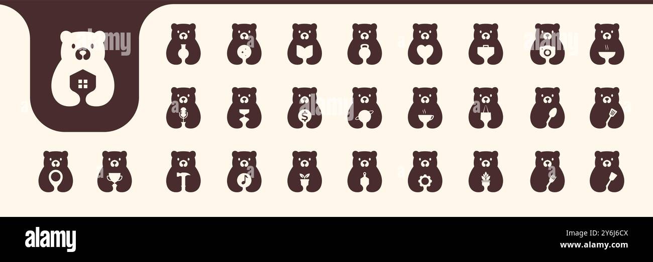 bear cute flat mascot minimal icon collection set logo design vector ...