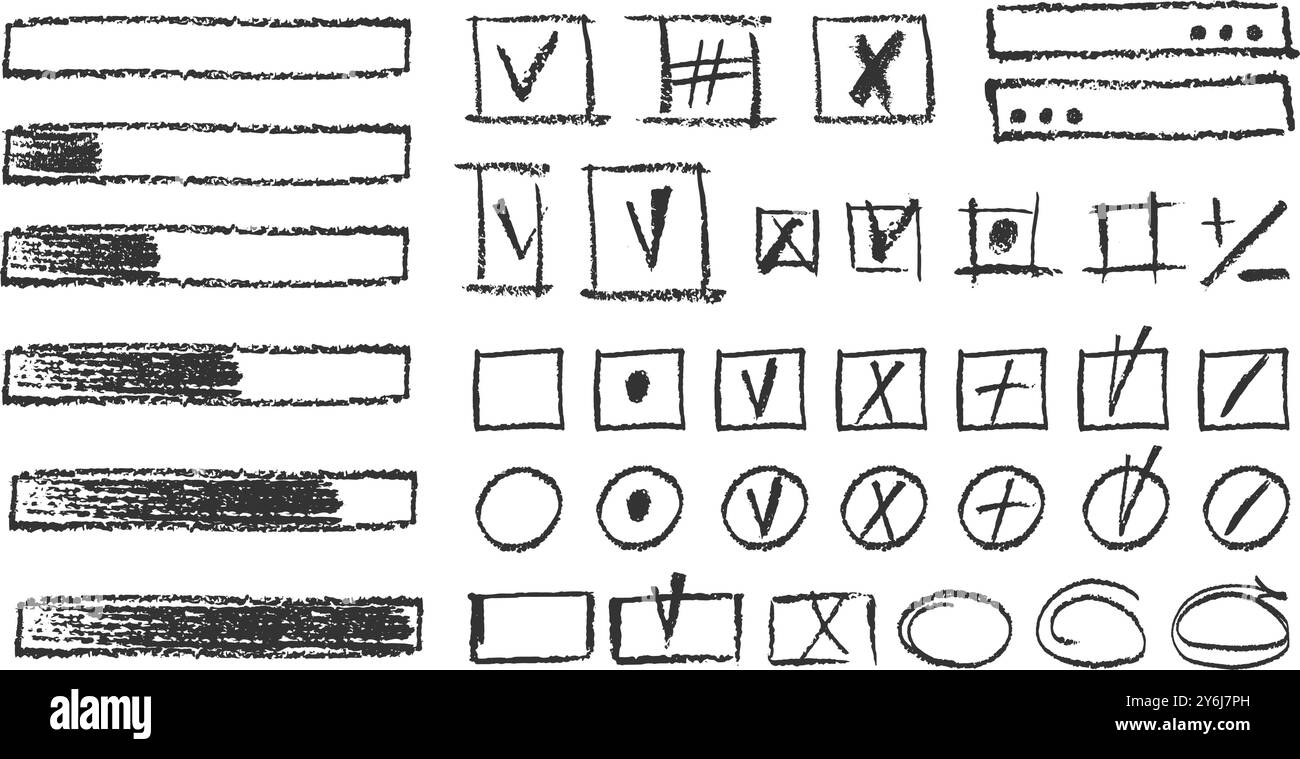 Charcoal pencil hand drawing check box with marks v, x, plus shapes ...