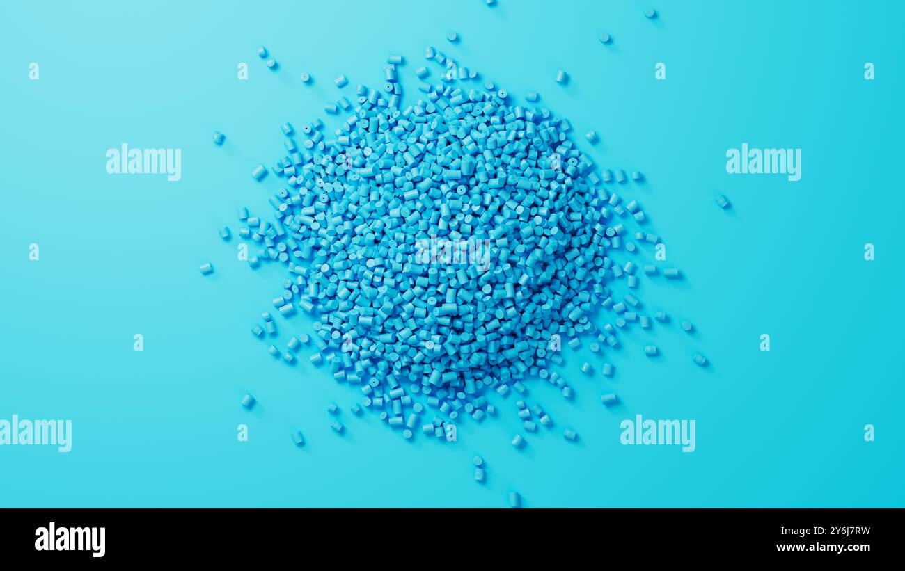Closeup top view on cyan plastic polypropylene granules heap centered ...