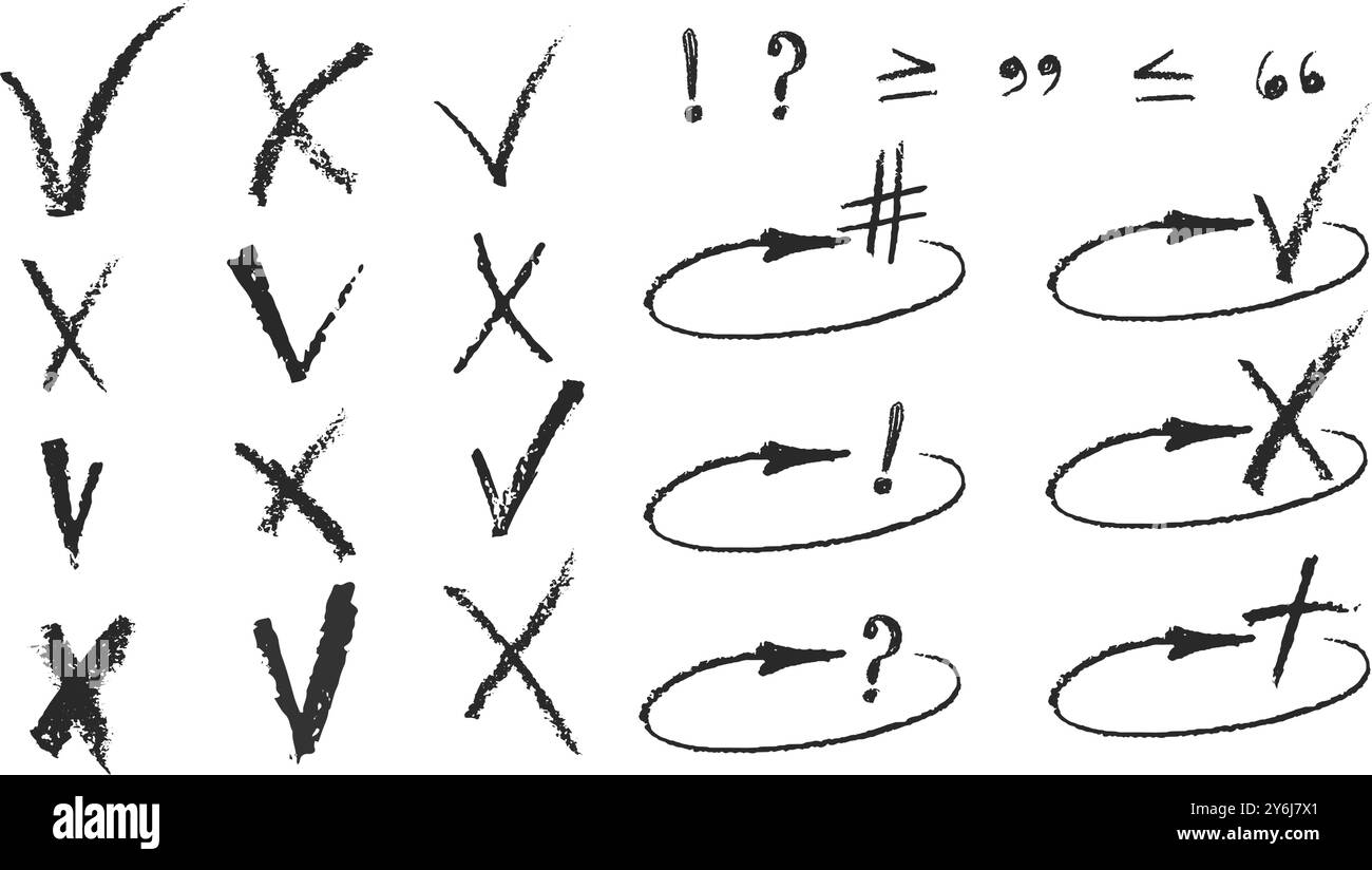 Charcoal pencil hand drawing check box with marks v, x, plus shapes ...