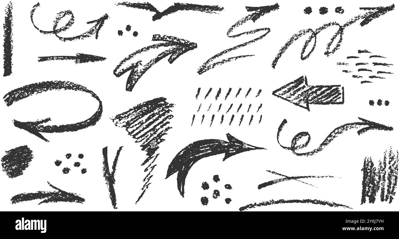 Charcoal pencil hand drawing curly arrows. Swishes, swashes, swoops ...