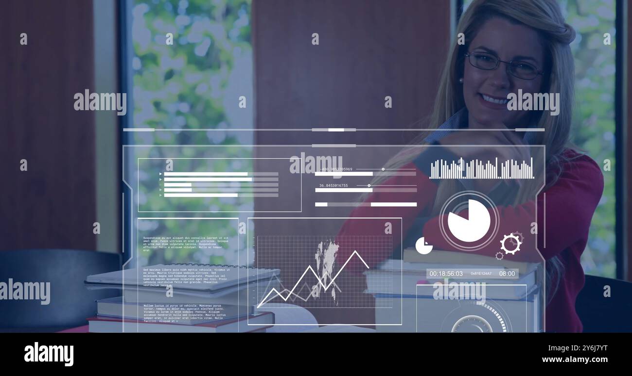 Image of charts processing over happy caucasian female student at desk ...