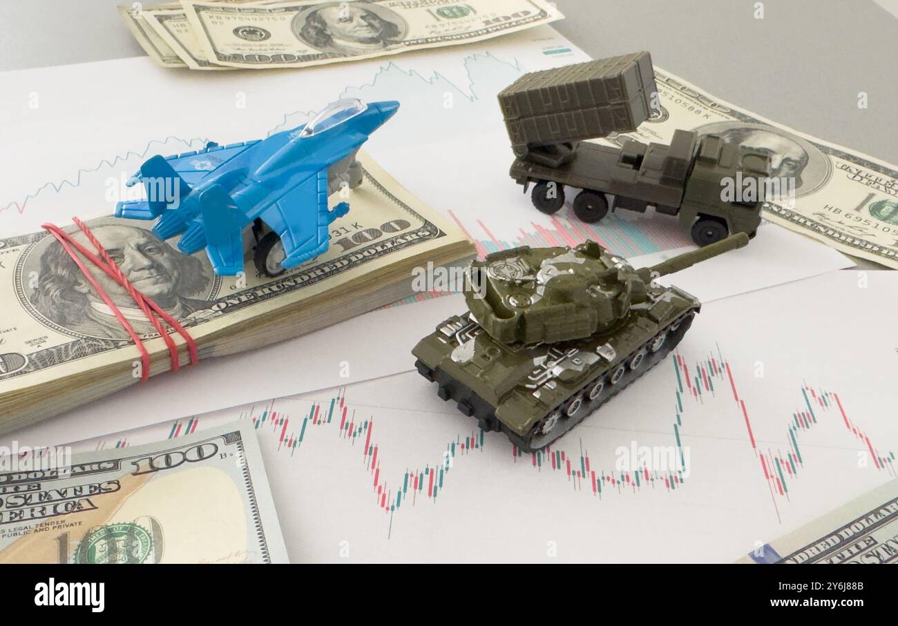 Military toy airplane jet aircraft fighter, economic graphs and money ...