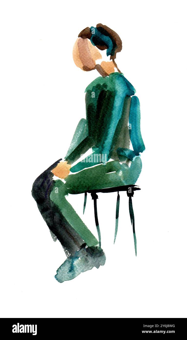 Watercolor sketch. Sitting boy in profile. Clothes in different shades ...