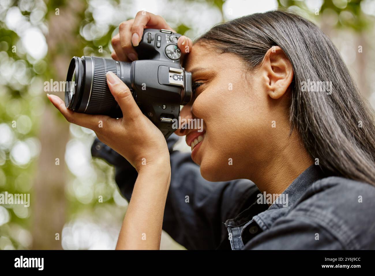 Woman, photographer and camera to capture nature, hiking and forest for ...