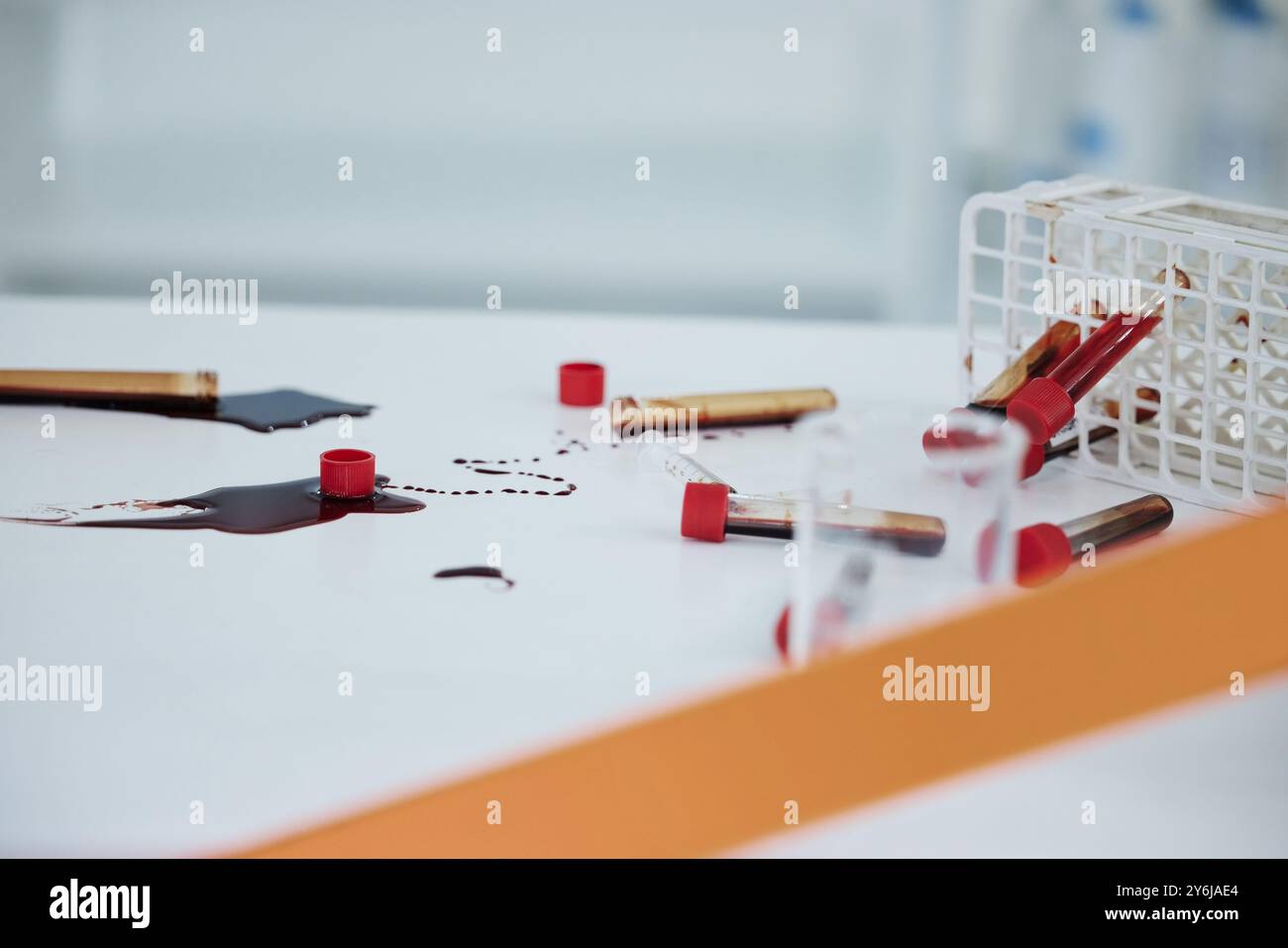 Blood, DNA and tape with barrier for danger, investigation or no entry ...