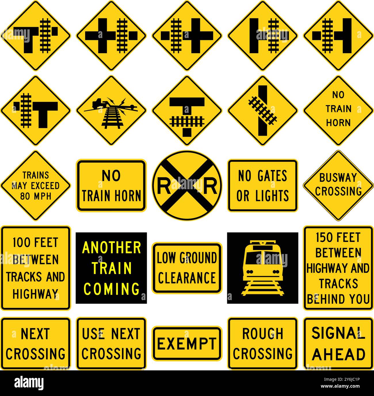 Railroad and Roadway Warning Signs Collection with Exempt, No Horn, Low Clearance, and Light ...