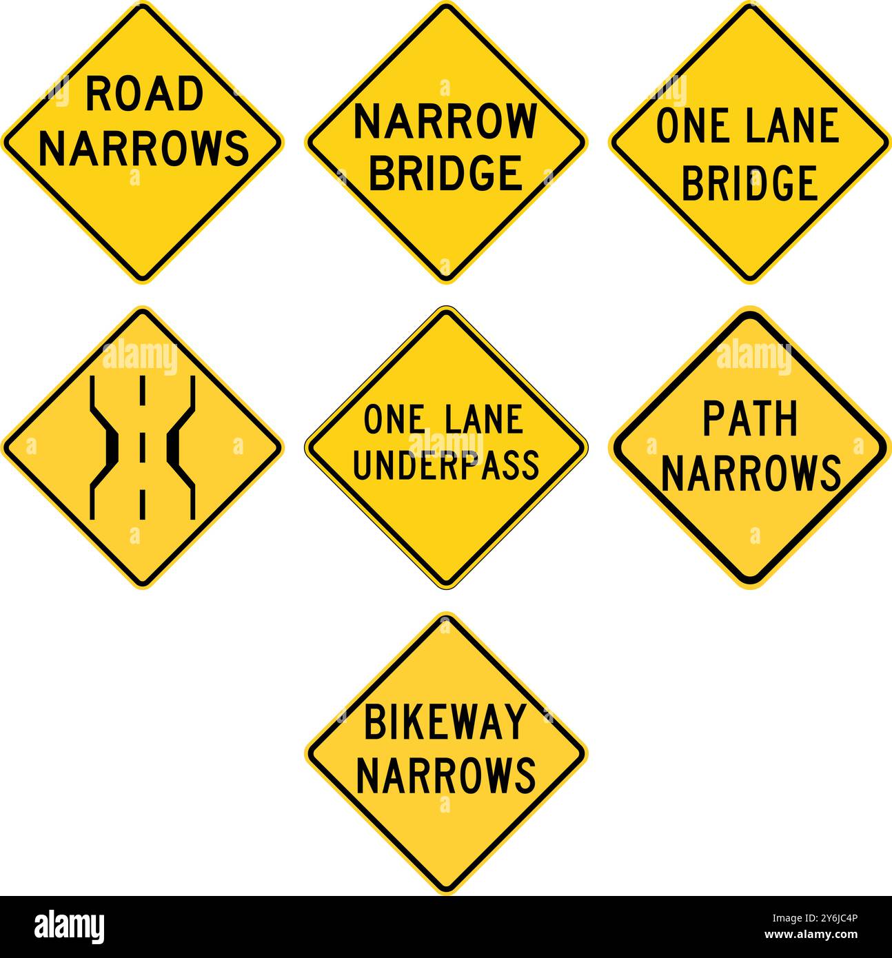 Road Width Restriction Signs: Road Narrows, Narrow Bridge, One Lane ...