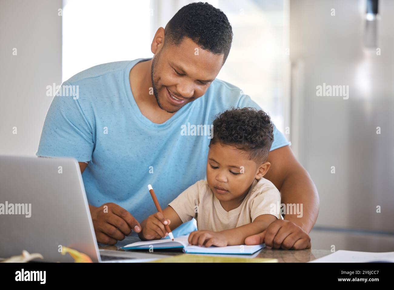 Color, dad and child in kitchen for drawing, teaching and learning for ...