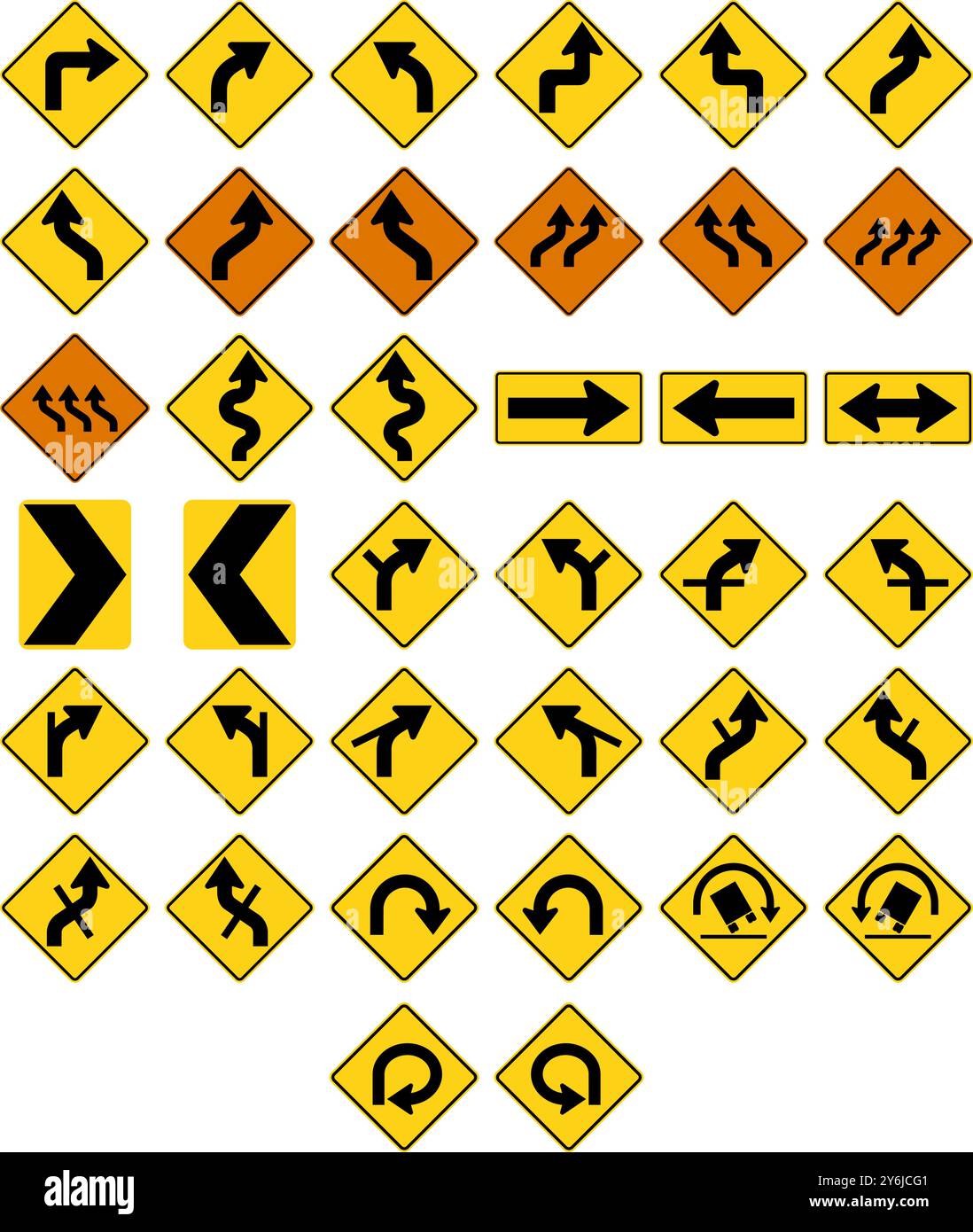 Directional and Curve Traffic Signs: Turns, Curves, Lane Shifts, Winding Roads, Arrows, Chevrons ...