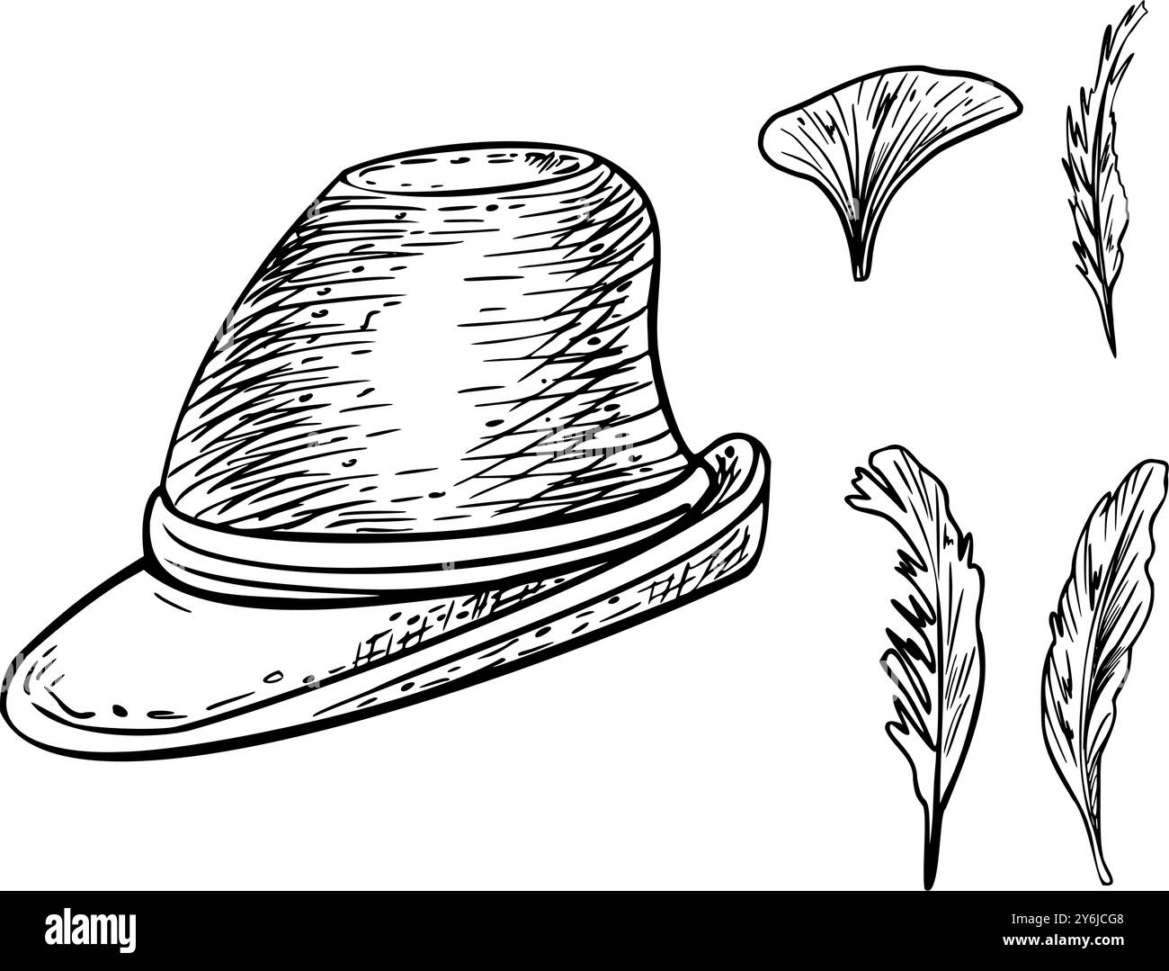 German green hat and feathers black white vector line illustration ...