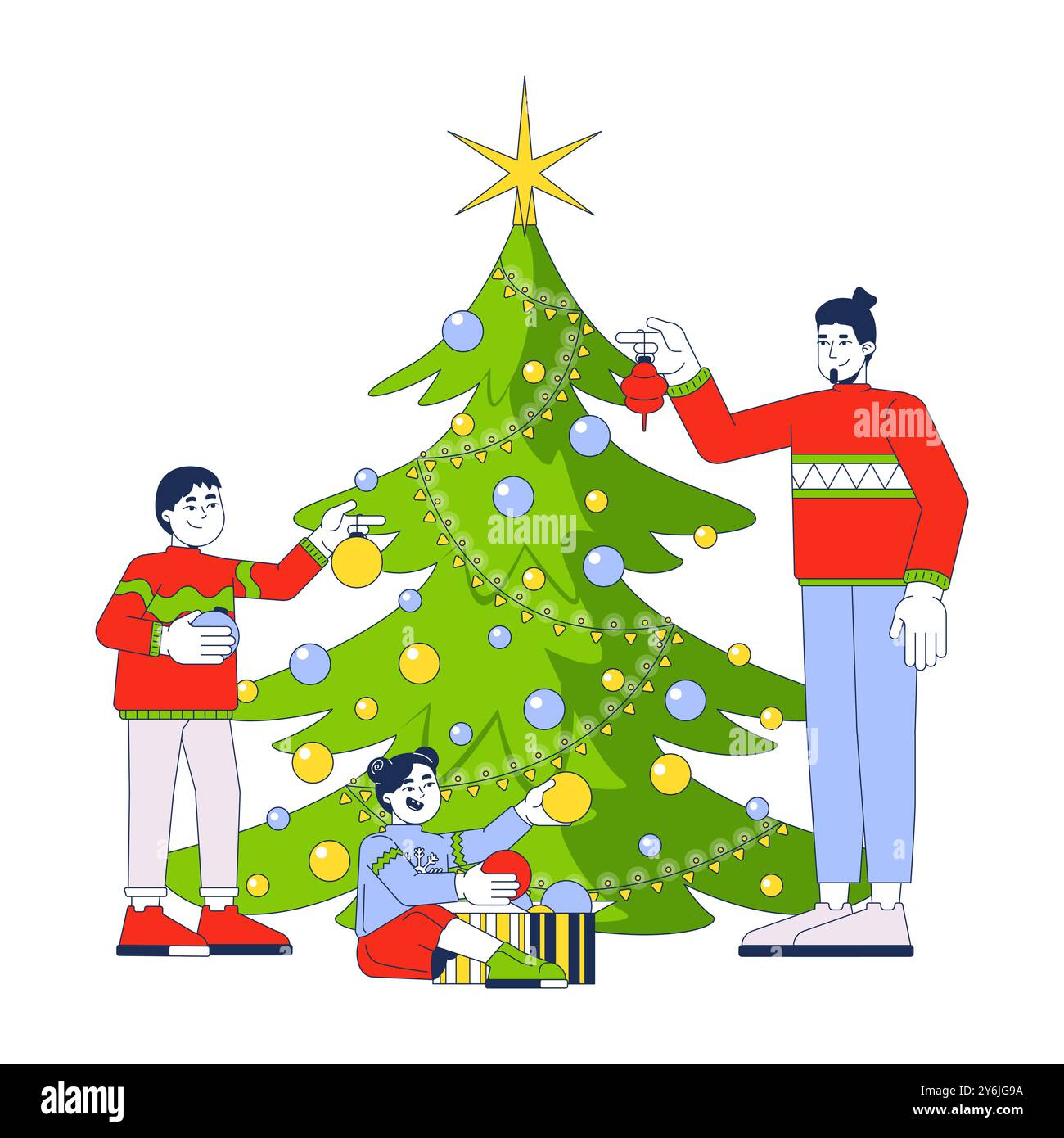 Family decorating Christmas tree together cartoon flat illustration ...