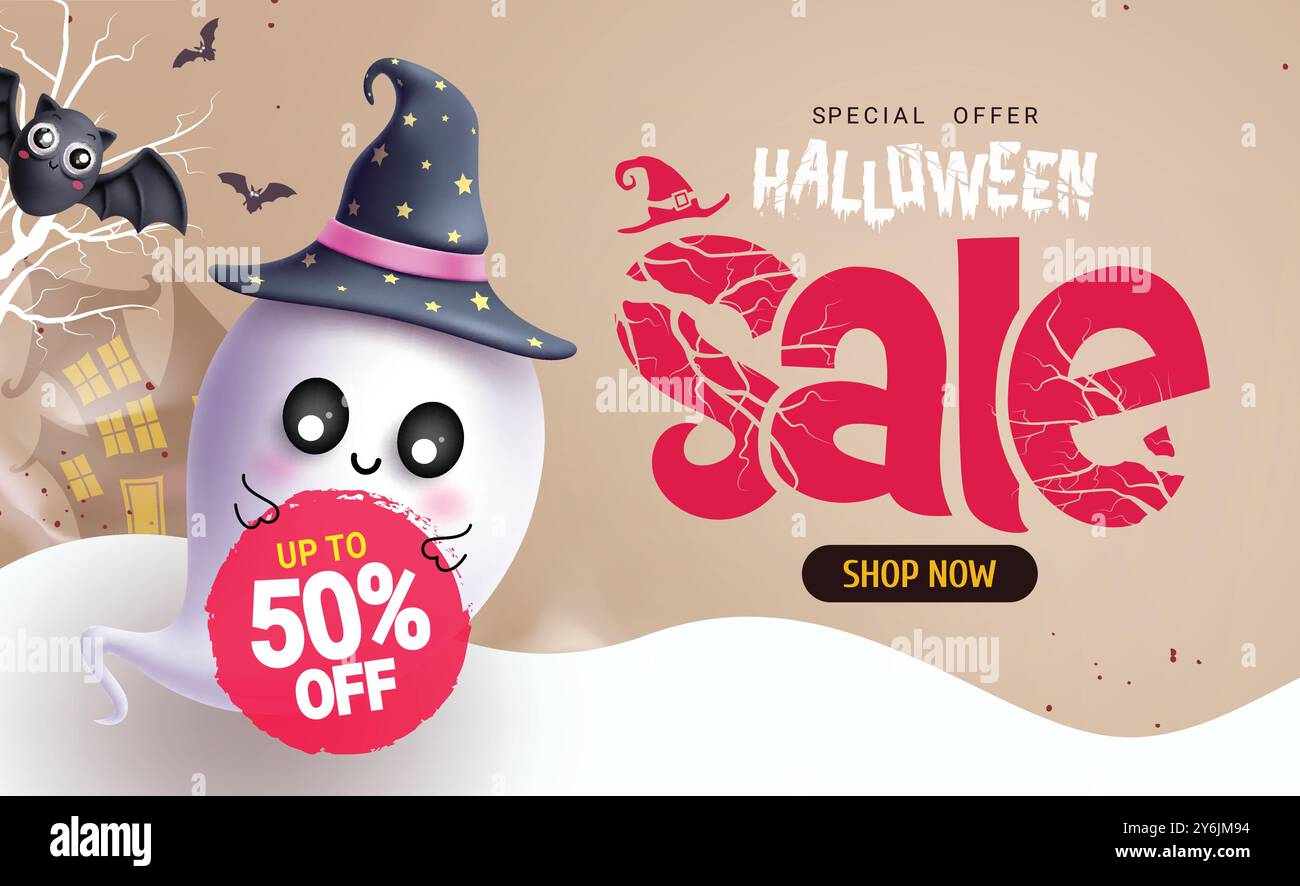 Halloween sale text vector banner design. Halloween cute ghost ...