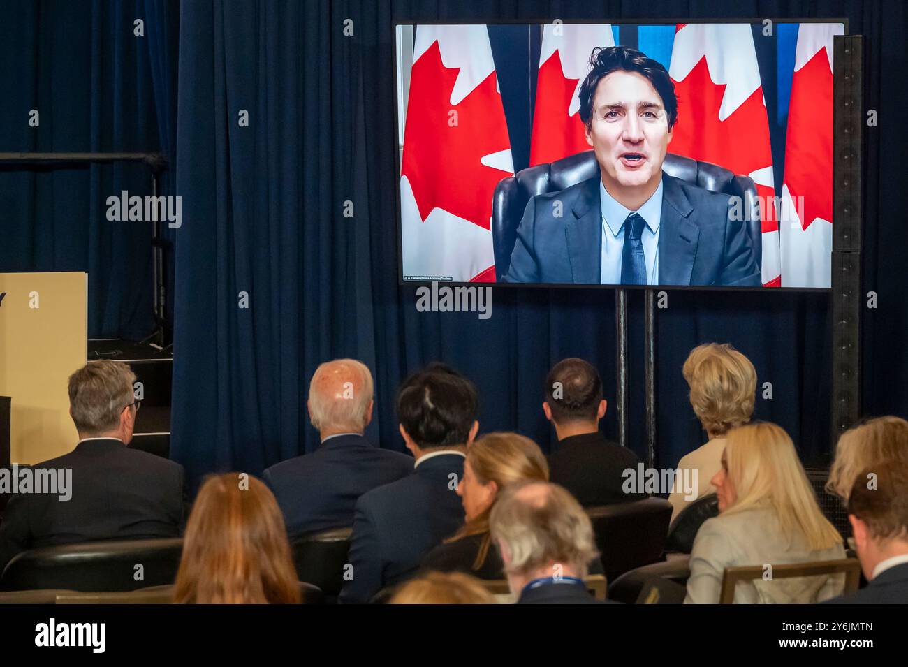 Canada Prime Minister Justin Trudeau speaks via video conference at an ...