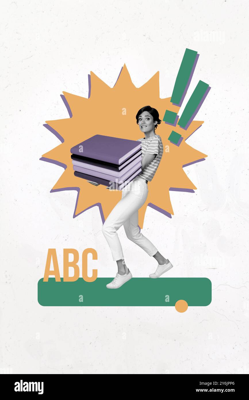 Vertical collage picture young woman carry book stack literature ...